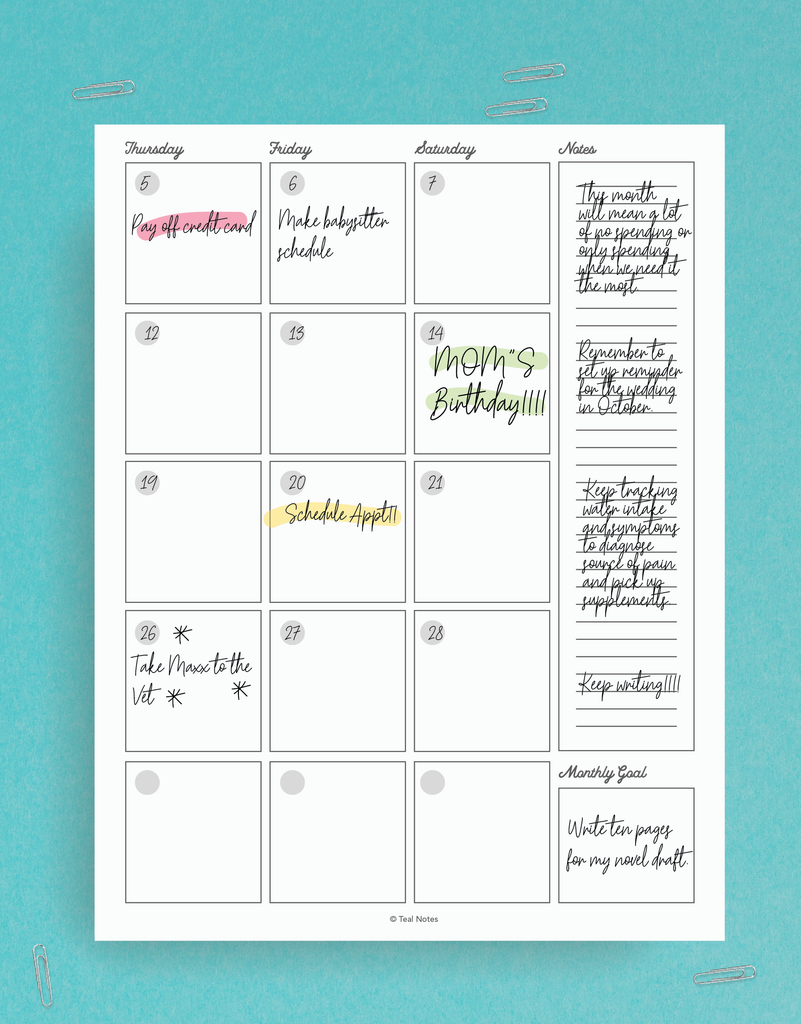 2 Page Plain Monthly Spread – Teal Notes