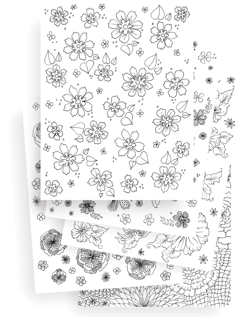 5 Page Flower Coloring Set – Teal Notes