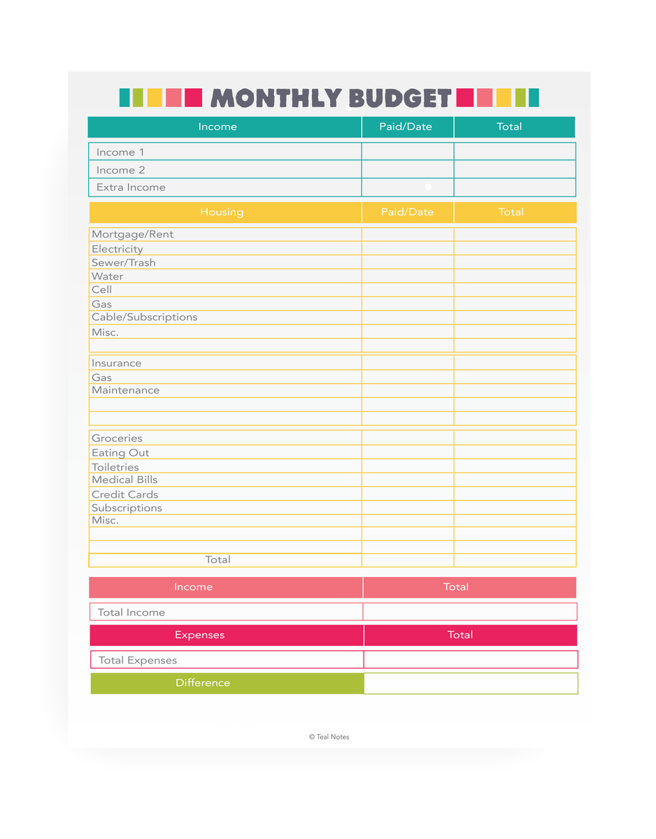 Mini Budget Kit – Teal Notes